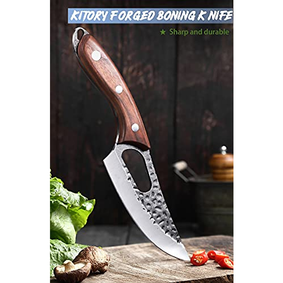 Kitory Meat Cleaver 6 inch,Viking Knife Forged Boning Knife Butcher Fishing Filet & Bait Knife, Full Tang Hammered HC Stainless Blade Walnut Wood Handle Kitchen Knife for Home, BBQ, Camping, Deboning
