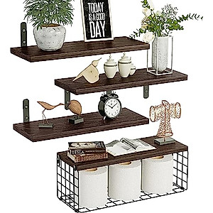 Floating Shelves with Storage Basket, Bathroom Shelves Over Toilet Paper Holder Storage Shelves, Wall Mounted Rustic Wood Shelves for Bathroom, Bedroom, Living Room, Kitchen(Brown, Set of 4)
