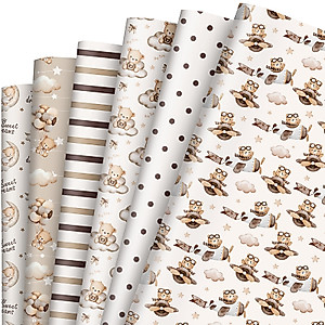 JarThenaAMCS 12 Sheet Baby Shower Wrapping Paper -Not Roll- Cute Brown Bear Gift Wrap Paper Folded Flat Watercolor Art Paper for DIY Crafts Gift Wrapping
