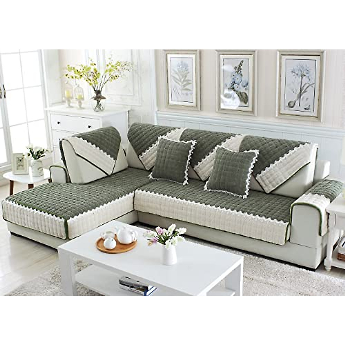 vctops Soft Corduroy Sofa Couch Cover, Plaid Sectional Couch Covers, Non-Slip Sofa Slipcover for Dogs Cats Kids(Dark Green,36"x36")