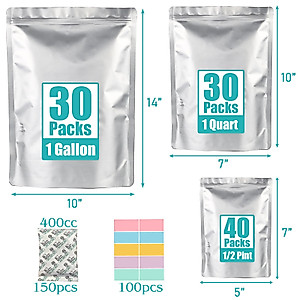 100pcs Mylar Bags for Food Storage with Oxygen Absorbers 400cc (10*10 Packs) and Labels, 10 Mil 10"x14" (30pcs) 7"x10" (30pcs) 5"x7" (40pcs) Stand-Up Zipper Pouches Resealable and Heat Sealable for Long Term Food Storage