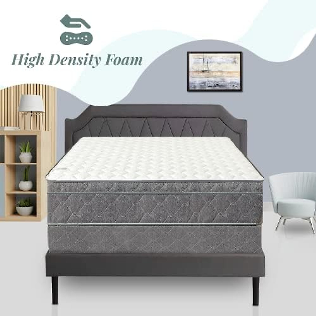 Nutan 10 Inch Foam Encased Mattress with Eurotop and 8 Inch Box Spring Bed Set, Comfy, and Soft Plush Mattresses Provide Soothing Sleep, Complete Body Support, and Pressure Relief, Twin