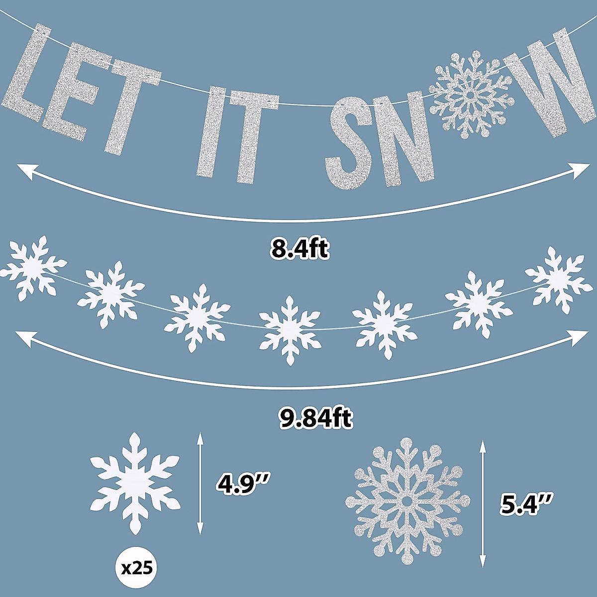 2 Pieces Let It Snow Banner, Glitter Winter Snowflake Banner and White Snowflake Hanging Garland Flag for Holiday Wall Decoration Christmas Party Supply