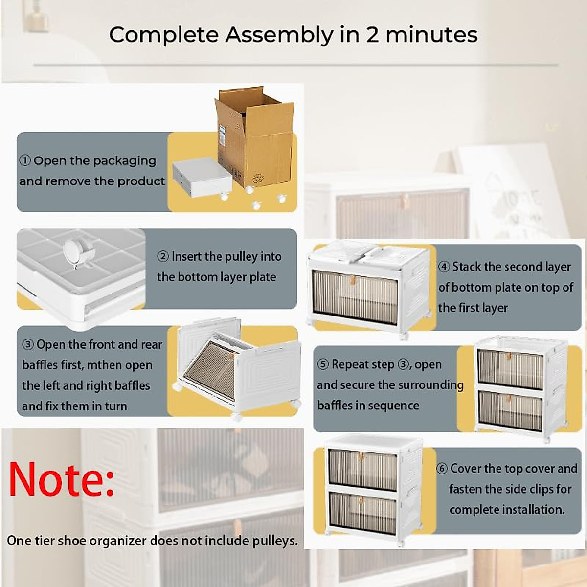 White 5 Tier Plastic Storage Bins Organizer with Lids and Wheels, 17.13 × 12.4 × 45.47 Inch Stackable Bins for Storage, 46Qt Folding Storage Boxes for Home, Dorm Room, 5th storage box (Five layers)