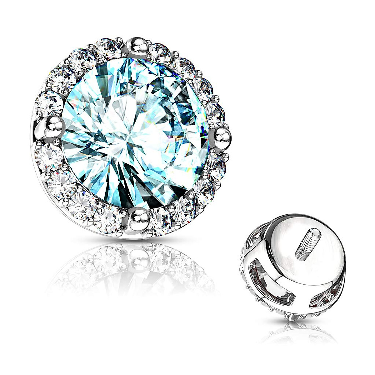 FIFTH CUE 14G Round Prong Set CZ Center w/CZ Around 316L Surgical Steel Internally Threaded Dermal Top (Clear/Aqua)