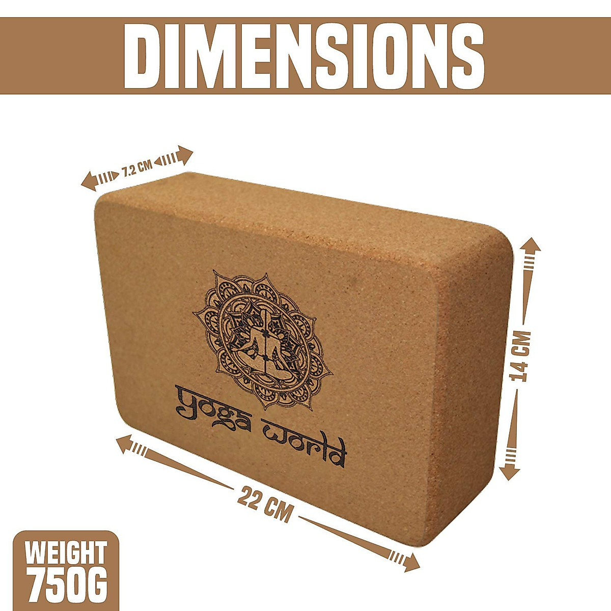 Yoga World Cork Yoga Blocks - Firm, Non-Slip Bricks for Stretching Practice, Pilates, Stability, Fitness - Curved Edges for Secure Grip - Easy-to-Clean Exercise Accessory - 9x6x3, Approximately 700g