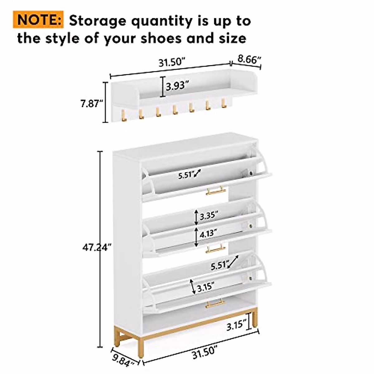 Tribesigns Shoe Cabinet, Shoe Storage Cabinet with Wall Mounted Coat Rack, Modern Shoes Organizer Cabinets with 3 Flip Drawers, White and Gold Shoe Cabinet for Entryway