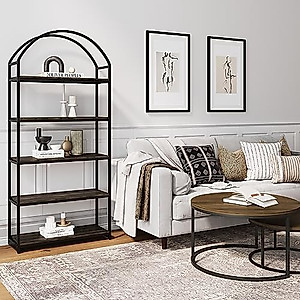 Nathan James Haven Etagere Bookshelf, 5-Shelf Bookcase in Nutmeg Wood and Black Metal Frame with Arch Top and Open Shelves, Nutmeg/Black