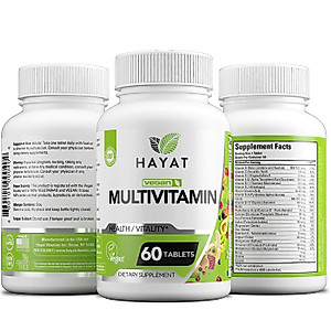 HAYAT Vitamins Vegan Natural Multivitamin, Daily Vitamins with Vitamin A, C, D, E, B1, B2, B3, B6, B12, Biotin, Zinc and More, 2 Month Supply, All Natural, Certified Halal, 60 Tablets, Made in The USA