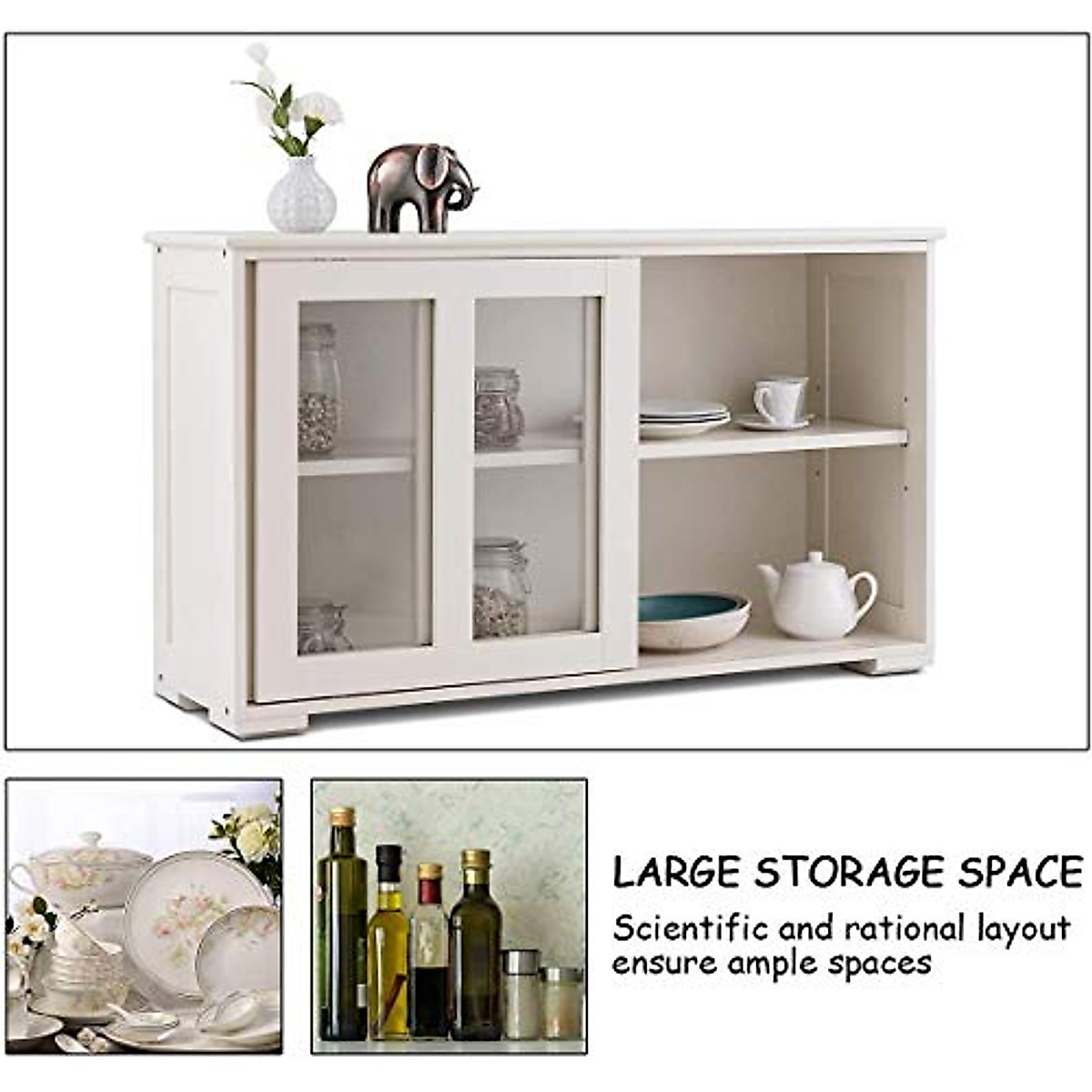 FANTASK Kitchen Storage Cabinet Sideboard, Stackable Buffet w/Height-Adjustable Shelf & 2 Glass Sliding Doors, Accent Console Table for Kitchen Dining Living Room Hallway Office (Cream White)