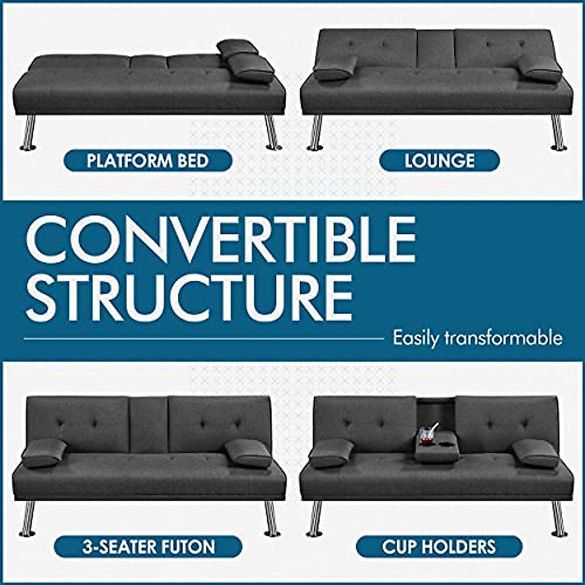 Yaheetech Linen Fabric Modern Sofa Bed Sectional Couch Bed Folding Recliner Sleeper Reversible Loveseat Convertible Daybed, 2 Cup Holders, 3 Angles, 772lb Capacity, Removable Armrests, Dark Gray
