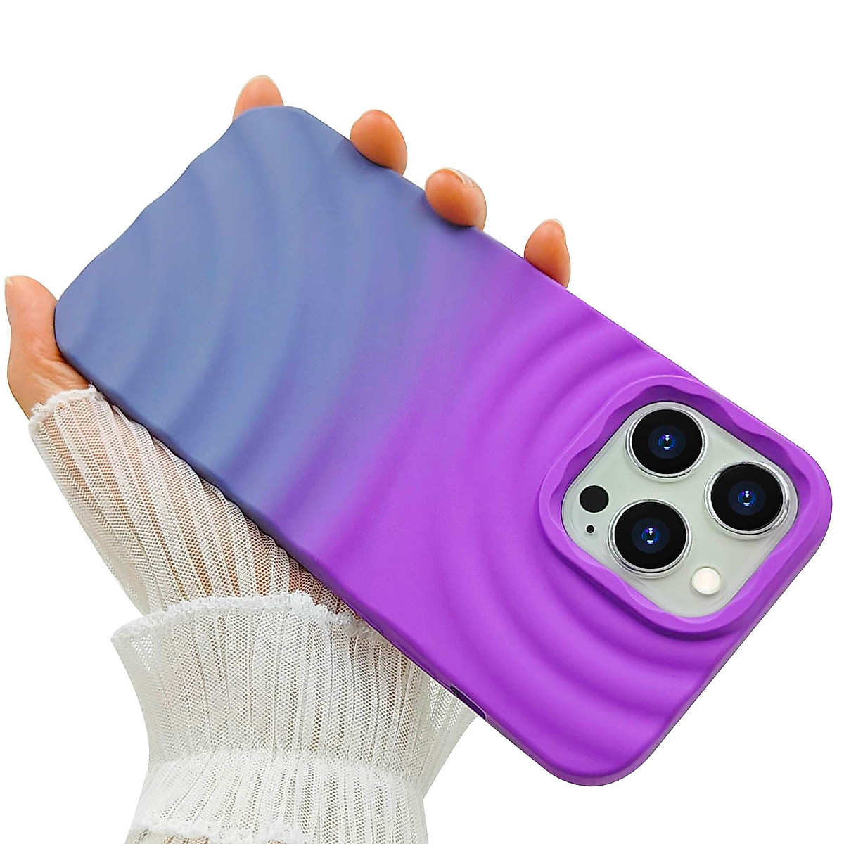 Womdakon Compatible with iPhone 13 Pro Max Phone Case Girls Cute Gradient Bicolor Crimp Wave Pattern Soft Silicone Shockproof Camera Protective Back Cover Slim Phone Case for Women - Purple Gray