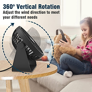 WayToLight 5.3 inch USB Desk Fan with LED Light, 3 Speeds, 360° Adjustment, Portable Mini Desktop Table Fan, Small Personal Cooling Fan for Home Office Outdoor, Black