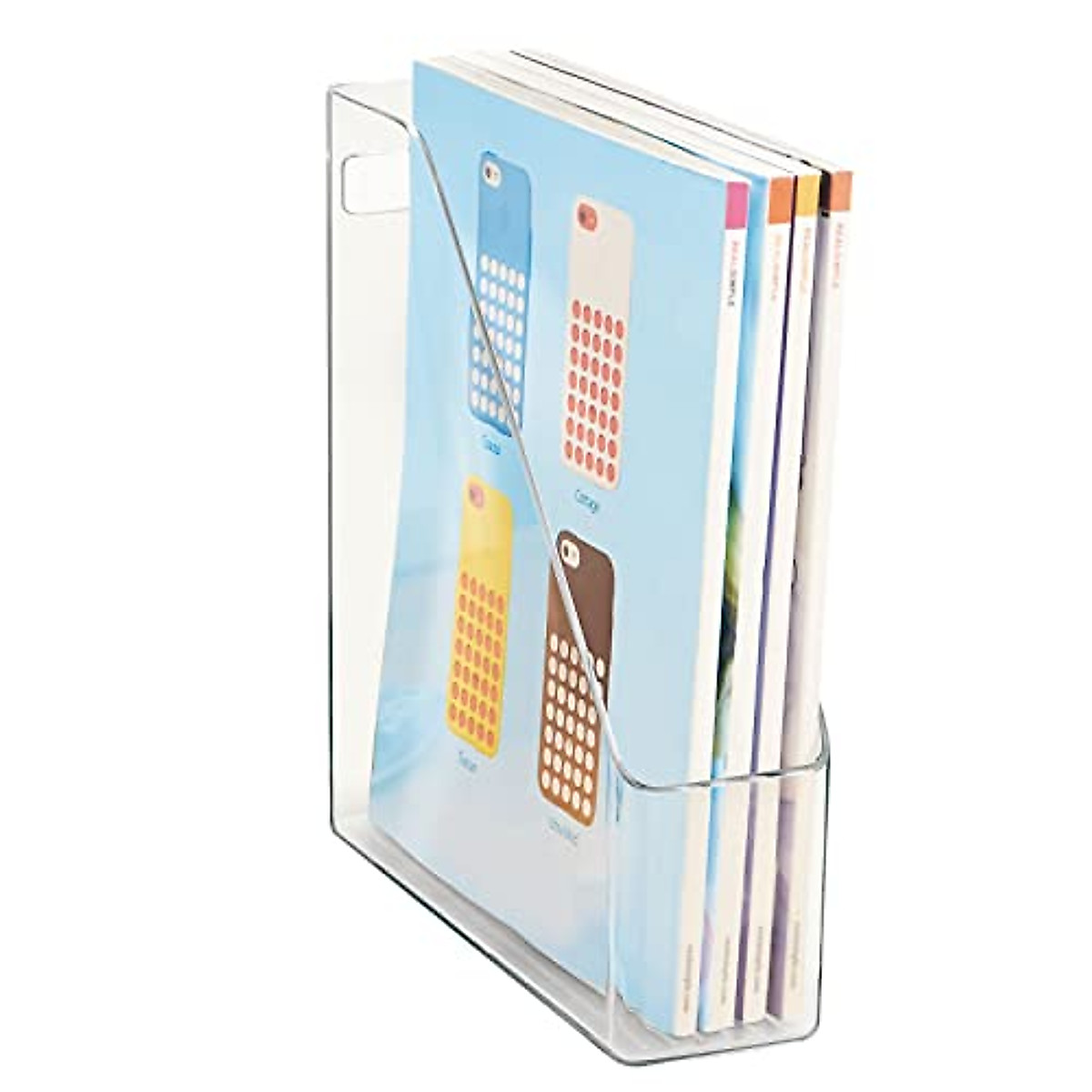 mDesign Plastic Slim Vertical File Folder Bin Storage Organizer with Handle - Hold Notebooks, Binders, Envelopes, Magazines for Home Office, Work Desktops, Ligne Collection, 2 Pack - Clear
