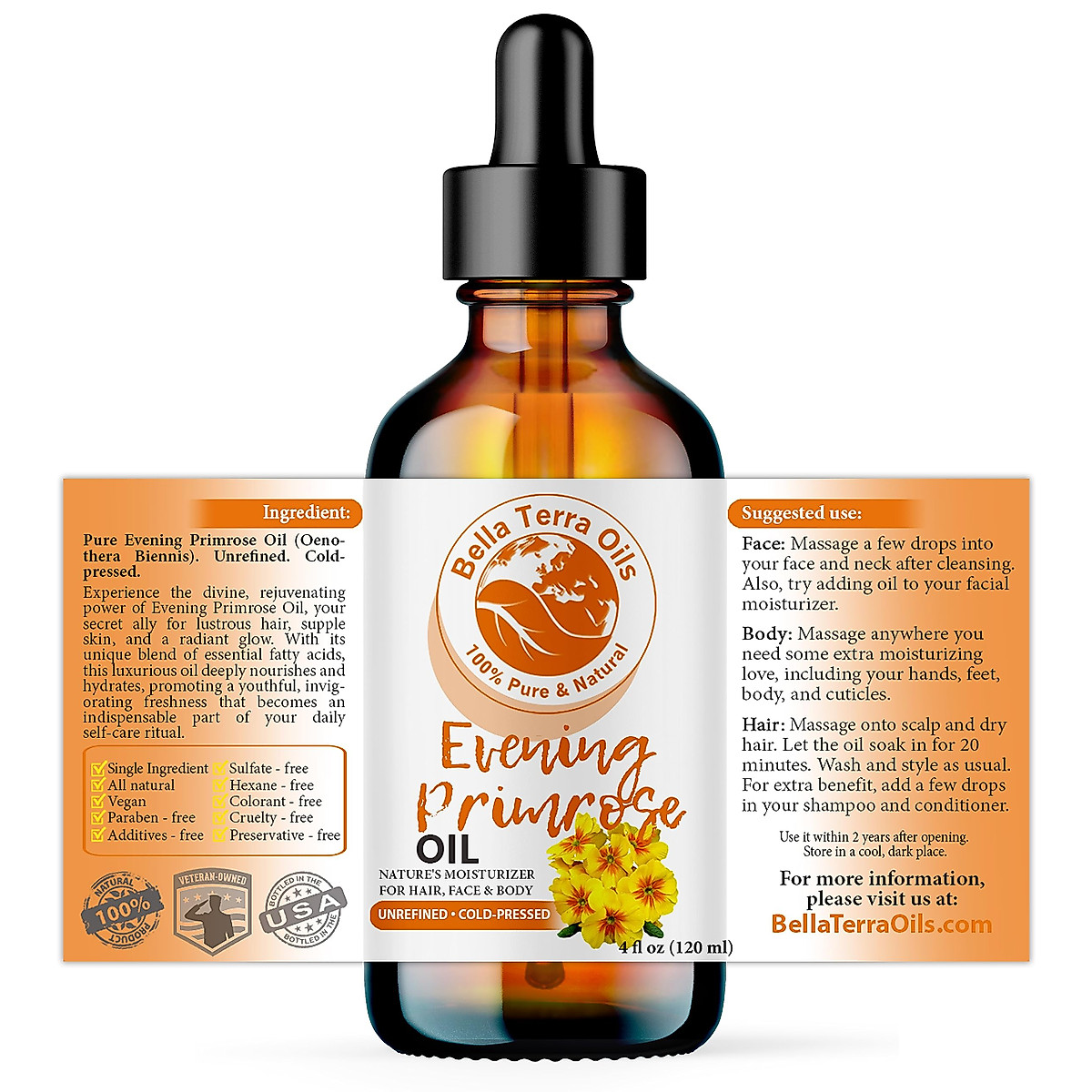 Bella Terra Oils - Organic Evening Primrose Oil 4oz - Unveiling the Richness of Cold-Pressed Organic Evening Primrose, Abundant in Vitamin F & Essential Fatty Acids for an Enhanced Glow
