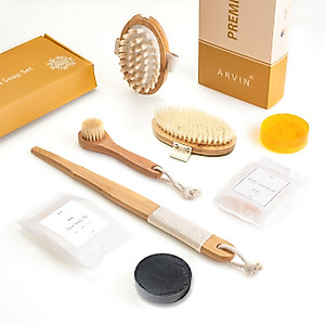 All Natural Soap and Dry Brushing Body Brush Gift Set for Lymphatic Drainage | Boar Bristle | Exfoliating Shower Brush, Facial Cleansing Brush, Massager Brush Cellulite | Face Beauty Bar, Loofah Soap