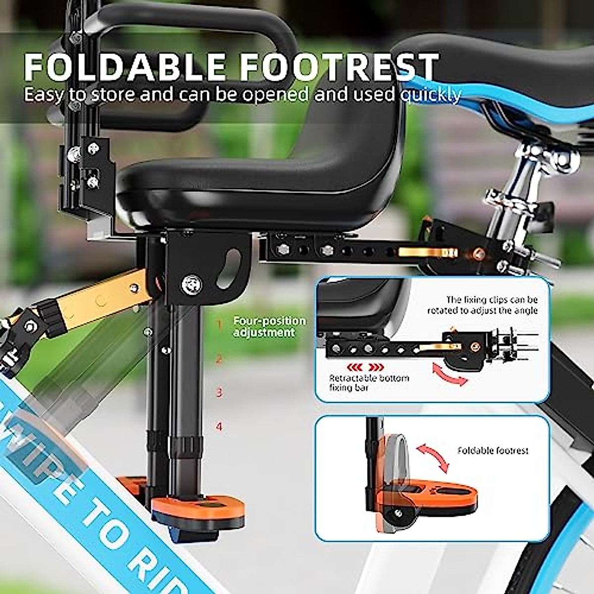 XIEEIX Front Child Bike Seat, Portable Foldable Kids Bike Seat, Adjustable Pedal Child Bicycle Seats, Safety Child Seat for All Types of Bicycles