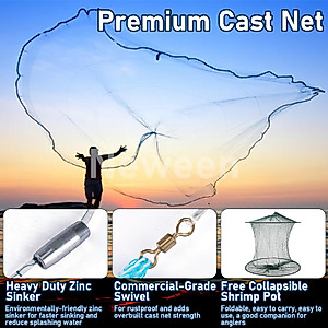 Cast Net for Fishing with Shrimp Cage, American Freshwater Saltwater 4/6/8Ft Radius Casting Net Bait Trap Fish, Heavy Duty Zinc Sinker, 3/8 Inch Mesh Size