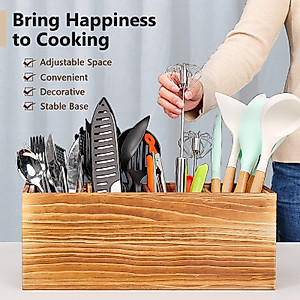Yumkfoi Extra Large Utensil Holder, 4 Sections Wooden Utensil Organizer, Farmhouse Kitchen Utensil Organizer for Countertop, Rustic Utensil Caddy Crock Counter Organizer and Cooking Tools Storage