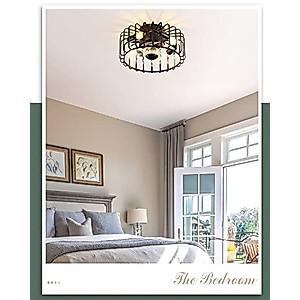 MIAOMEIO 13'' Low Profile Small Flush Mount Farmhouse Industrial Caged Ceiling Fan with Lights, 6 Speed Bladeless Black Ceiling Fan with Remote Control for Living Room, Bedroom, Kitchen (Black)