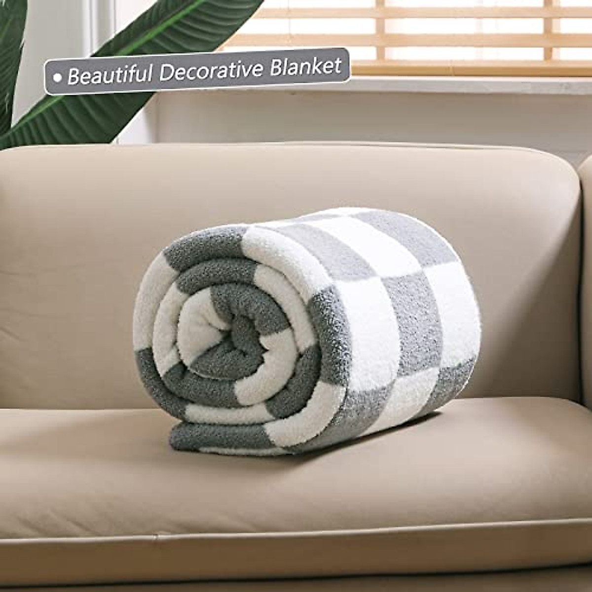 Sunyrisy Throw Blankets Checkered Reversible Plush Fleece Blanket, Super Soft Warm Cozy Throw Blanket for Couch, Decor, Bed, Chair, Knitted Fluffy Blanket, Light Grey 51''x67''