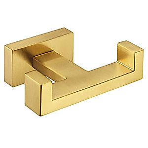 Suyar Double Towel Hook Brushed Gold, SUS304 Stainless Steel Square Coat Robe Holder, Bathroom Kitchen Towel Hanger, Wall Mounted