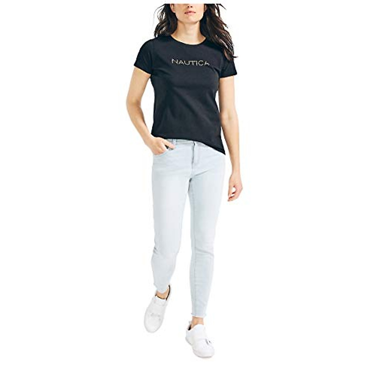 Nautica Women's Easy Comfort Supersoft 100% Cotton Classic Logo T-Shirt, True Black, Medium
