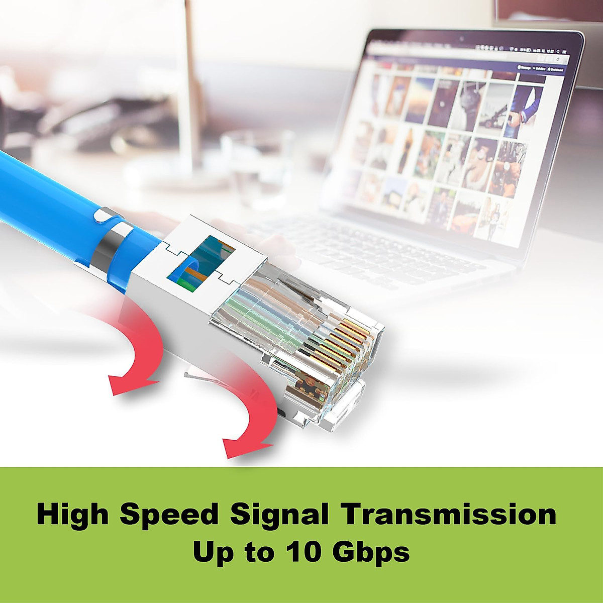 LEENUE CAT7 RJ45 Connector (10 Set) 50μ Gold Plated CAT6A RJ45 Pass Through Ethernet Plug with Blue Boot for CAT7 Solid or Stranded Thick Network Cable 23 AWG