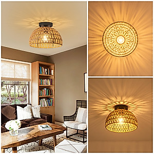 SYTPPLAN Rattan Light Fixtures Ceiling Light, Handmade Woven Cage Boho Light Fixture 11" Semi Flush Mount Light Fixture Coastal Ceiling Light for Hallway Kitchen Entryway Farmhouse Living Room
