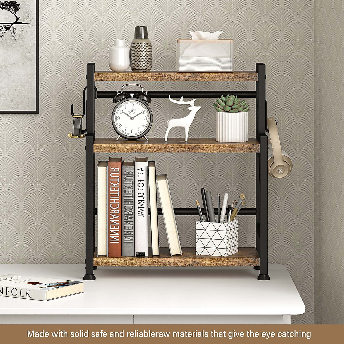 AKTOP 3-Tier Spice Rack Storage Shelves - Standing Kitchen Counter Shelf 20.1" with Hooks, Rustic Bathroom Countertop Organizer Vanity Shelf with Adjustable Shelf Cabinet, Easy Assembly