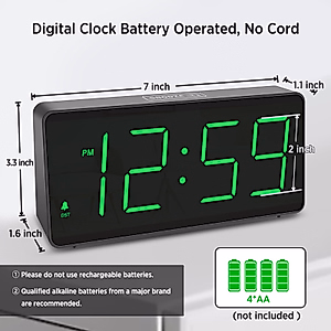 Peakeep Battery Operated Digital Clock, Alarm Clock for Bedrooms - Cordless Large Big Numbers 4 Dimmers for Seniors, Adjustable Volume Loud Alarm Clock for Heavy Sleepers Adults (Green Digits)
