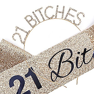 "I'm 21 Bitches!" Sash & Rhinestone Headband Set - 21st Birthday Gifts Birthday Sash for Women Birthday Party Supplies (Gold Glitter/Black)
