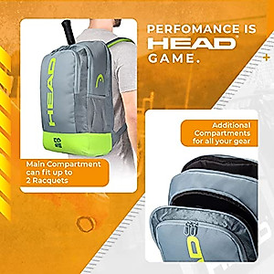 HEAD Core Tennis Backpack - 2 Racquet Carrying Bag w/Padded Shoulder Straps / Grey/Yellow / Large
