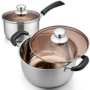 P&P CHEF 2QT Saucepan & 4QT Stockpot Set, Stainless Steel Cooking Stock Pot with Lid, Good Cookware for Kitchen Cooking Boiling, Visible Lid & Heat-proof Handle, Dishwasher Safe