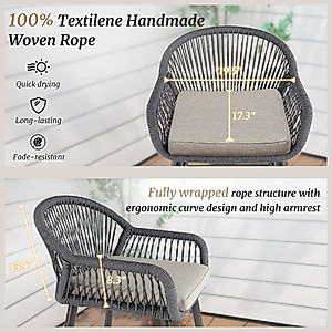 26.8" H Rattan Boho Outdoor Counter Height Bar Stools Set of 6, Woven Rope Backrest & Armrest Outdoor Barstools with Aluminum Legs for Kitchen Patio, Slate Gray