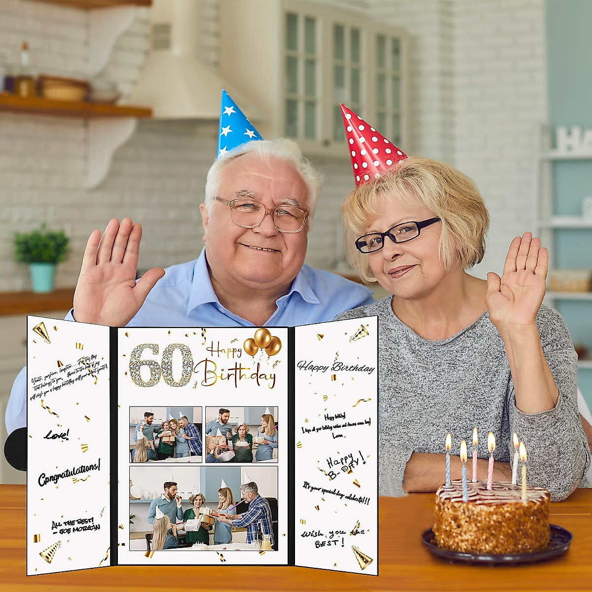 DARUNAXY Black Gold 60th Birthday Party Decorations, Happy 60th Birthday Alternative Signature Guest Book for Men Women 60 Years Old Table Sign Picture Frame Gift 60 Birthday Card Board Party Supplies