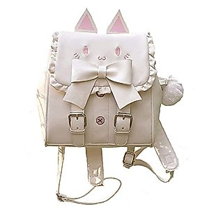 Aiyinuo Lolita Casual Backpack Kawaii Cartoon Cat Embroidery Travel Mochila Big Bowknot Sweet Daypack Schoolbag Campus Bookbag College Bag (White)