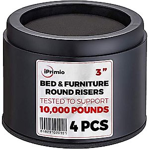 iPrimio Bed Risers 3 Inch Lift, Round, Heavy Duty, 4 Pack, Up to 10000lbs - Bed Raising Blocks, Furniture Risers - Safe, Sturdy Bed Lifts for College Dorm Rooms, Couches, Tables, Desk Riser