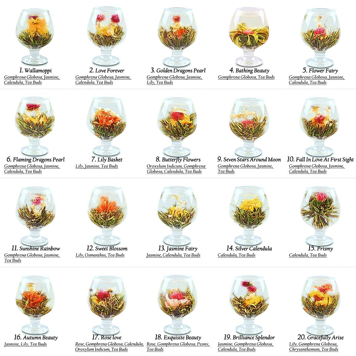Prettyard Organic Variety Flavors Blooming Tea Flowers, Chinese Artistic Flowering Natural Green Tea Ball Gift Set + Edible Flowers - 20PC/Set = (20 Different Flavors)-Gift For Tea Lovers