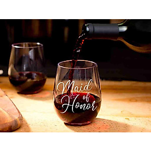 GSM Brands Stemless Wine Glass for Maid of Honor Gifts - Made of Unbreakable Tritan Plastic and Dishwasher Safe - 16 ounces
