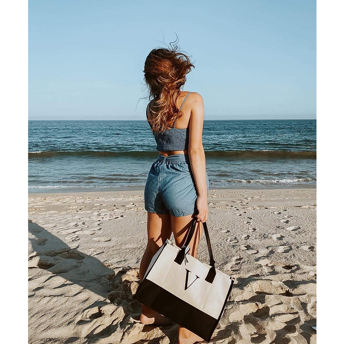 VANESSA ROSELLA Monogram Tote Bag with 100% Cotton Canvas and a Chic Personalized Monogram (Black Script Letter - M)