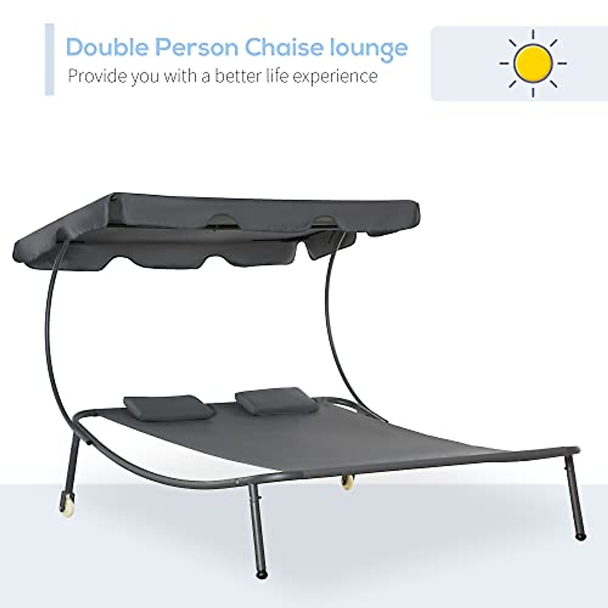 Outsunny Patio Double Chaise Lounge Chair, Outdoor Wheeled Hammock Daybed with Adjustable Canopy and Pillow for Sun Room, Garden, or Poolside, Grey