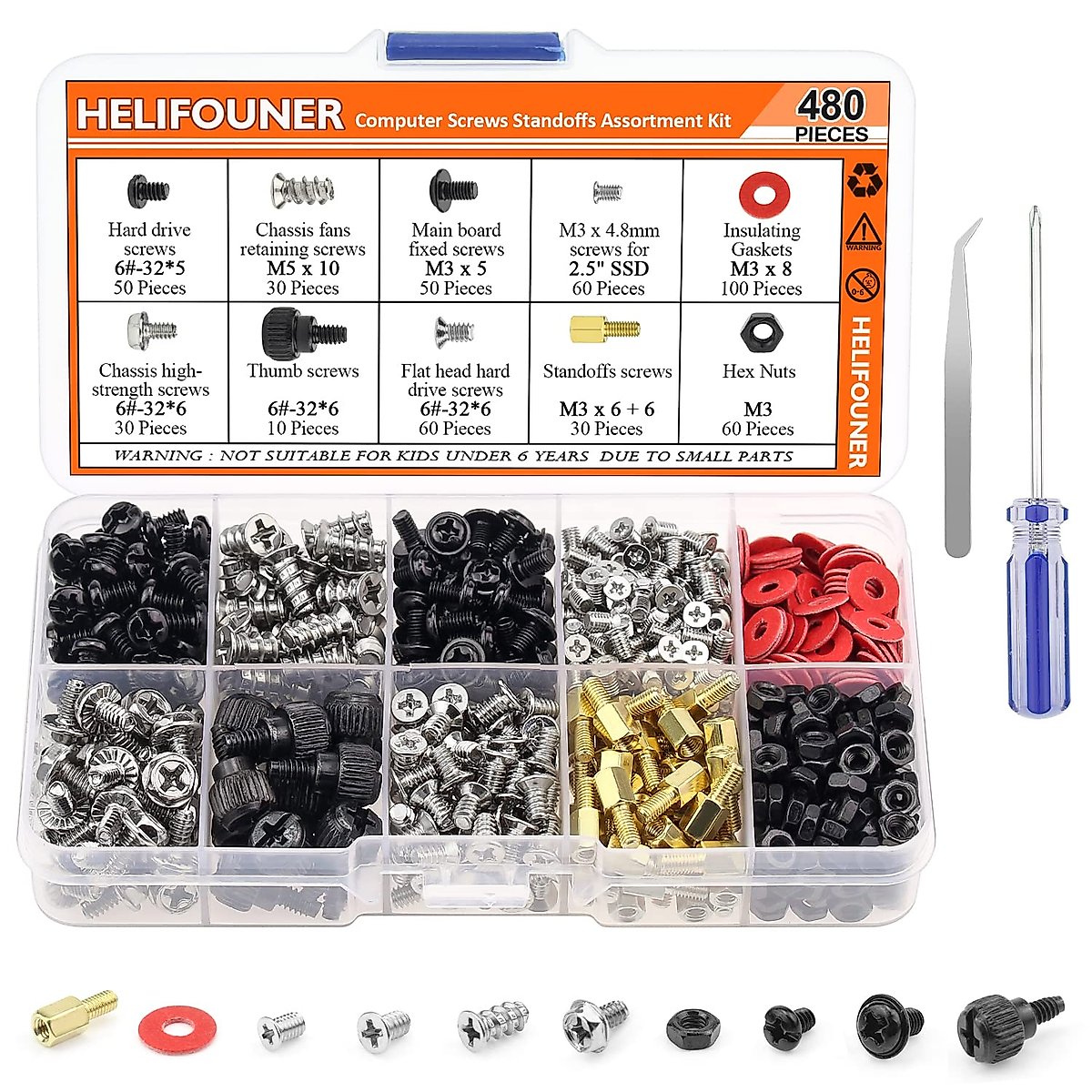 HELIFOUNER 480 Pieces Computer Standoffs Screws Assorted Kit for 2.5" SSD, Hard Drive, Computer Case, Motherboard, Fan Power Graphics with Screwdriver