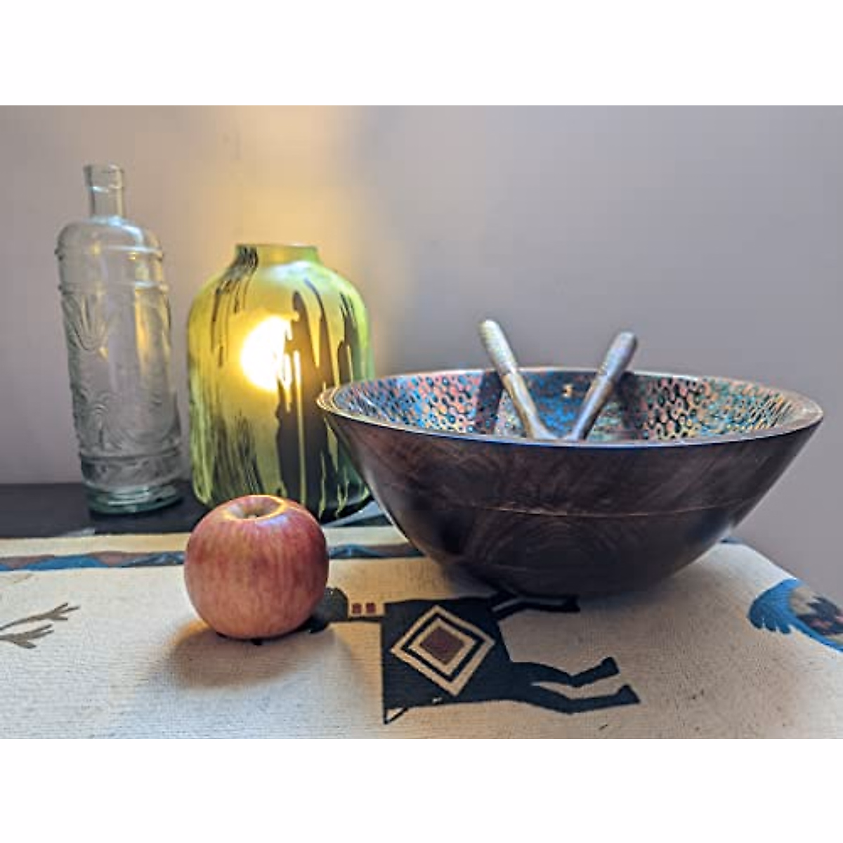 Decorative Wooden Bowl with Server Spoons - Mango Wood Enamel Serving Bowls for Mixing Fruit Salad Pasta Popcorn Cereal Soup 12" Diameter - Large Centerpiece Dish