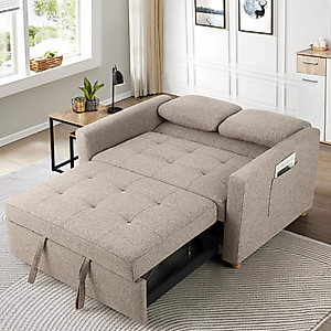 SEJOV 3-in-1 Convertible Sofa Bed, Linen Fabric Sleeper Couch Pull Out Bed, 49" 2-Seater Loveseat Futon Sofa with Spring Support, Adjustable Backrest and Pillows for Small Spaces, Living Room