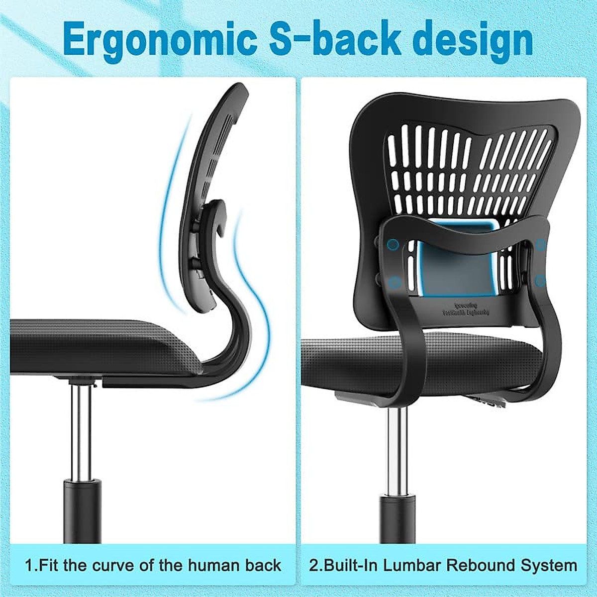 PALONE Home Office Chair Ergonomic Desk Chair Mesh Computer Adjustable Height Seat 360° Swivel Gaming Armless Chair Task with 5 Rolling Castors Upholstered Comfy Office Chair No Arms(Black)