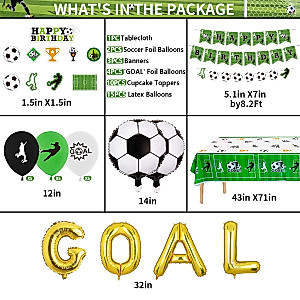 Soccer Party Supplies - 3 Set Soccer Themed Happy Birthday Banners, 1 Table Cloth, 10 Cake Toppers and 15 Soccer Theme Balloons Decorations for Kids and Soccer Fans Birthday Party
