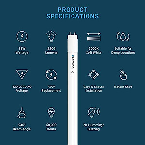 PARMIDA 20-Pack 4FT LED T8 Hybrid Type A+B Light Tube, 18W, Plug & Play or Ballast Bypass, Single-Ended OR Double-Ended Connection, 2200lm, Frosted Cover, T8 T10 T12, UL - 3000K
