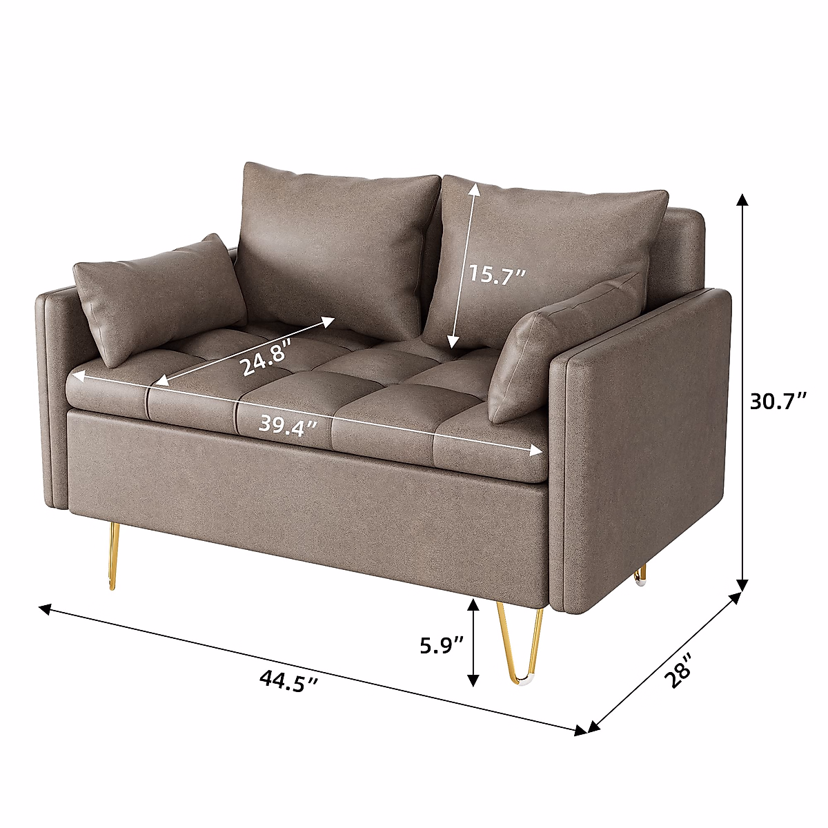 Assile Faux Leather Love Seats Couch, Modern Design with Button Tufted and Gold Metal Leg, Lift-Up Storage Box, Thickened Cushion Sofa in Dark Brown
