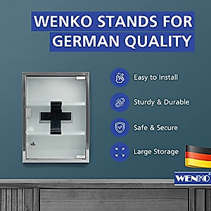 WENKO Medicine Cabinet with Lock, Wall mounted Bathroom Storage, Hanging Medical Cabinet, First Aid Wall Cabinet with Safety Glass Door, Modern, Medium, 11.8 x 15.7 x 4.7 in, Silver Shiny